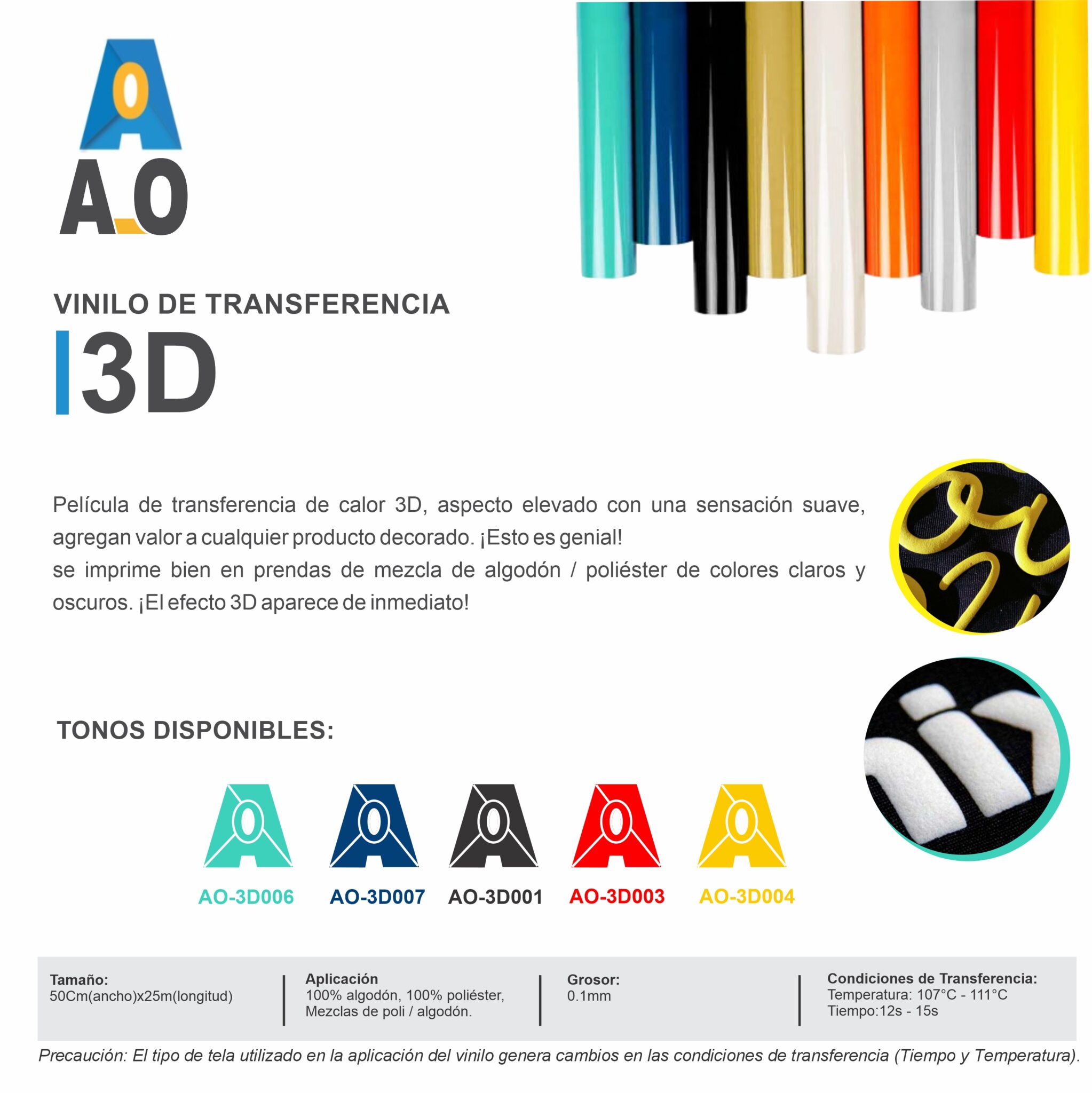VINILO TEXTIL DE TRANSFERENCIA 3D COLORES SURTIDOS X METRO – AO ...